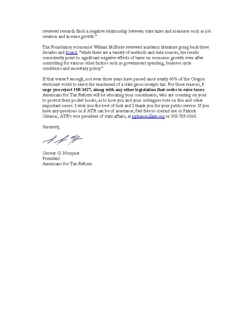 HB 3427 Gross Receipts Letter - Oregon Faith and Freedom