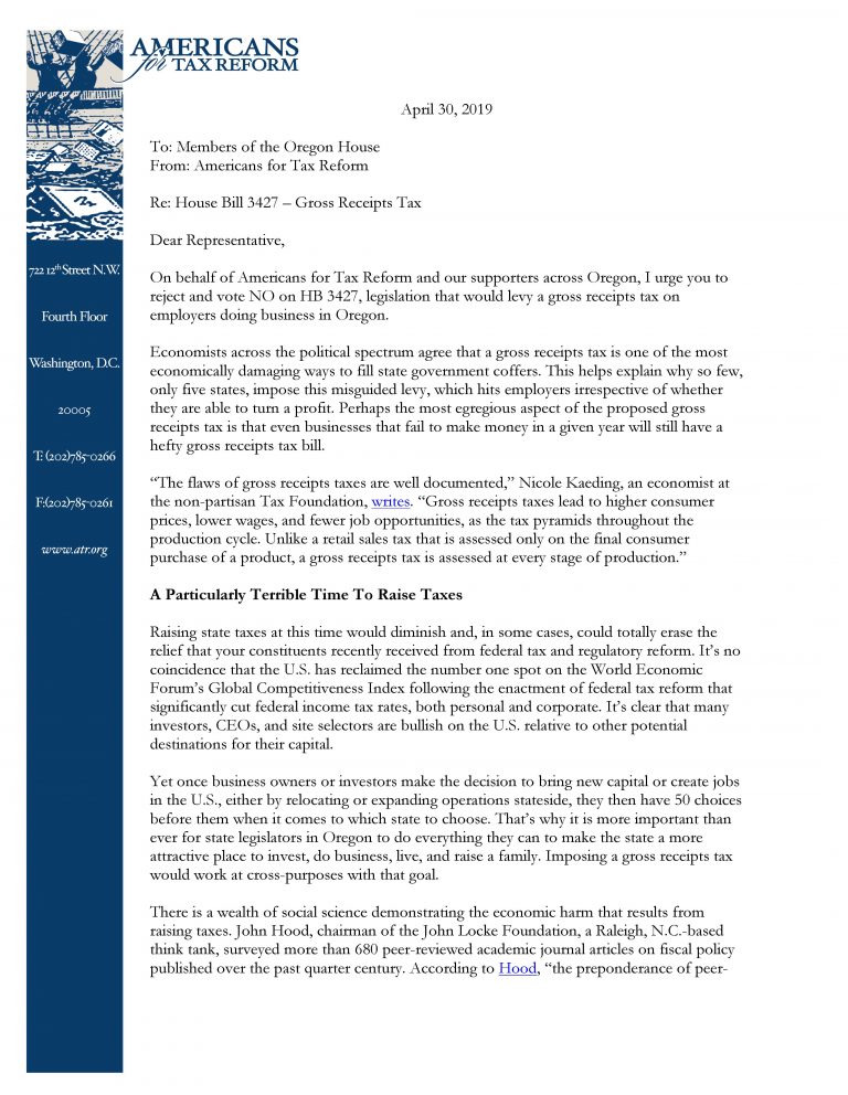 HB 3427 Gross Receipts Letter - Oregon Faith and Freedom